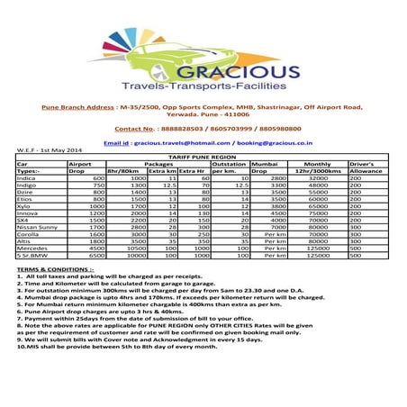 Gracious Travels Pan India Tariff | PDF