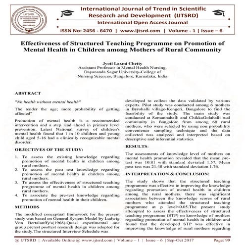 Effectiveness of Structured Teaching Programme on Promotion of Mental ...