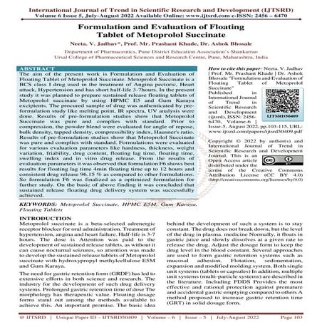 Formulation And Evaluation Of Floating Tablet Of Metoprolol Succinate Pdf