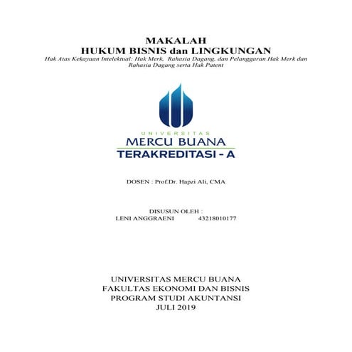 13, hbl, Leni Anggraeni, Hapzi Ali, Hak atas Kekayaan Intelektual ,Universitas Mercu Buana. 2019 ...