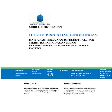 HBL,FEBRY DIAN UTAMI SARAGIH,HAPZI ALIHAK ATAS KEKAYAAN INTELEKTUAL, HAK MERK, RAHASIA DAGANG ...