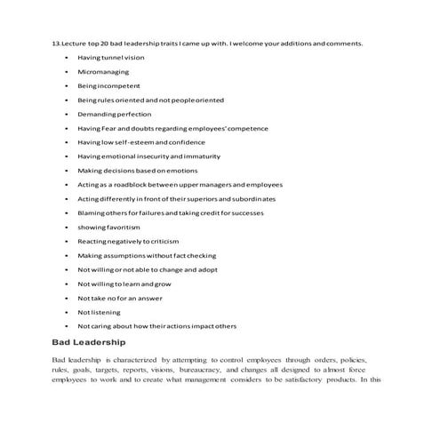 13 lecture top 20 bad leadership traits i came up with | DOCX
