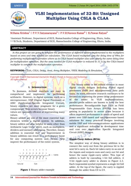 Vlsi Implementation Of 32 Bit Unsigned Multiplier Using Csla And Claa Pdf 3113