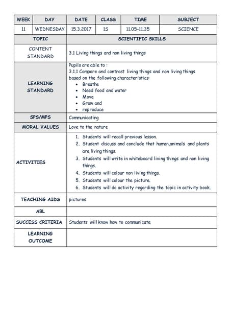 Grade 3 Lesson Plan- Living and Nonliving things | DOCX | Education