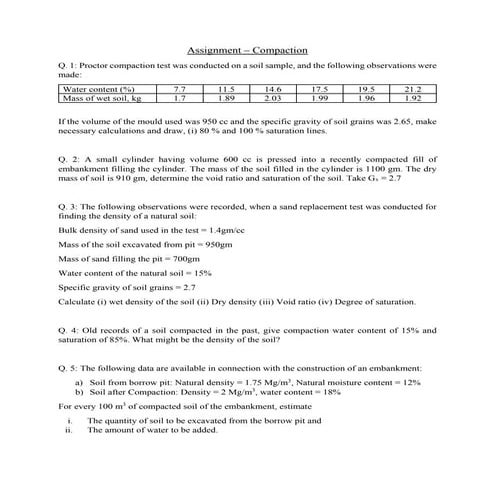 Geotechnical Engineering-I [Lec #14A: Soil Compaction - Problem Sheet] | PDF