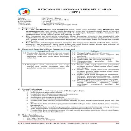 RPP IPA KELAS 7 SMP Bab 3. zat dan karakteristiknya | PDF
