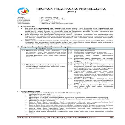 RPP IPA KELAS 7 SMP Bab 4. suhu dan perubahannya | PDF