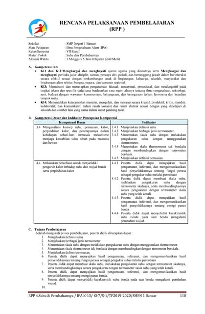 RPP IPA KELAS 7 SMP Bab 5.kalor dan perpindahannya | PDF