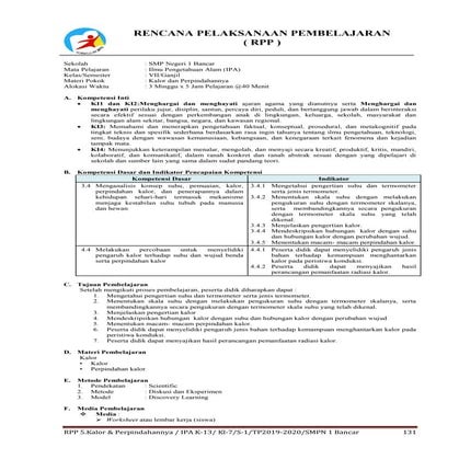 RPP IPA KELAS 7 SMP Bab 5.kalor dan perpindahannya | PDF