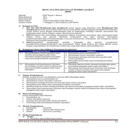 RPP IPA KELAS 9 Bab 1 Sistem Reproduksi pada Manusia | PDF