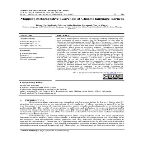 Mapping Metacognitive Awareness Of Chinese Language Learners Pdf