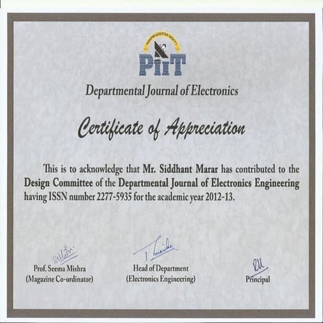Certificate of Departmental Journal of Electronics 2012 | PDF