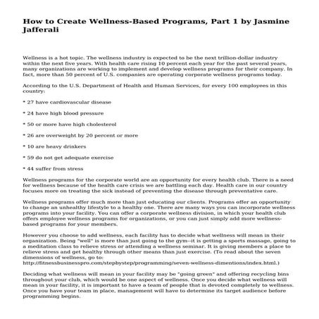 How to Create Wellness-Based Programs, Part 1 by Jasmine Jafferali | PDF