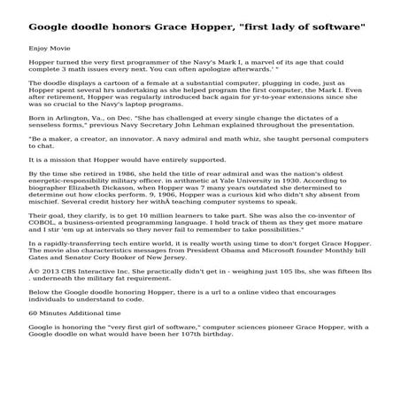 Google doodle honors Grace Hopper, "first lady of software" | PDF