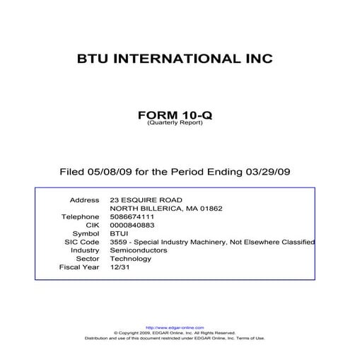 Q1 2009 Earning Report of BTU International, Inc. | PDF