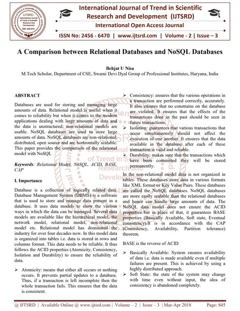 A Survey And Comparison Of Relational And Non Relational Database Pdf