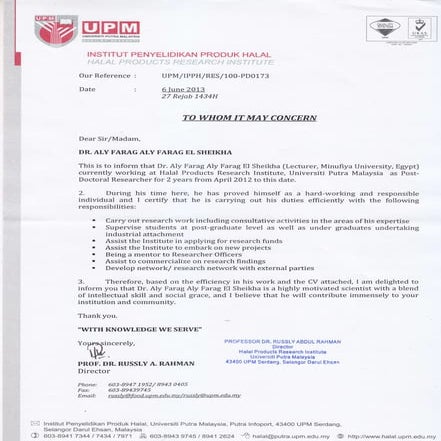 Recommendation Letter (Director of Halal Institute Malaysia) | PDF