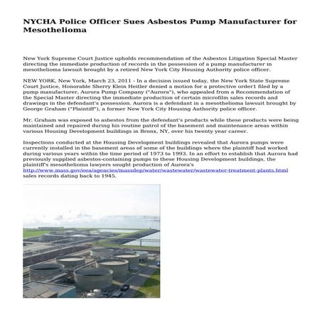 NYCHA Police Officer Sues Asbestos Pump Manufacturer for Mesothelioma | PDF