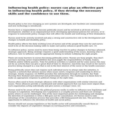 Influencing health policy: nurses can play an effective part in ...