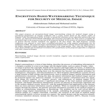 Encryption Based Watermarking Technique For Security Of Medical Image Pdf 