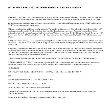 NCR PRESIDENT PLANS EARLY RETIREMENT | PDF
