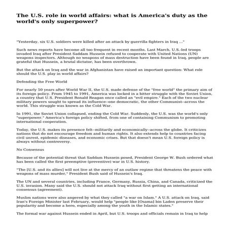 The U.S. role in world affairs: what is America's duty as the world's ...
