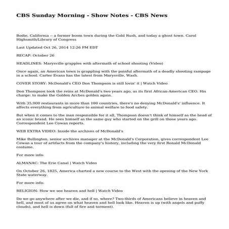 CBS Sunday Morning - Show Notes - CBS News | PDF