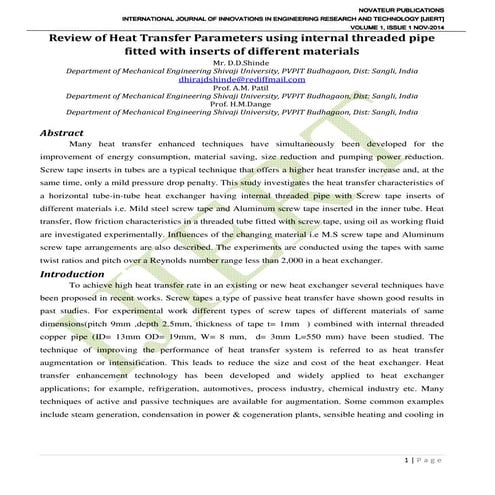 Review of Heat Transfer Parameters using internal threaded pipe fitted with inserts of different ...