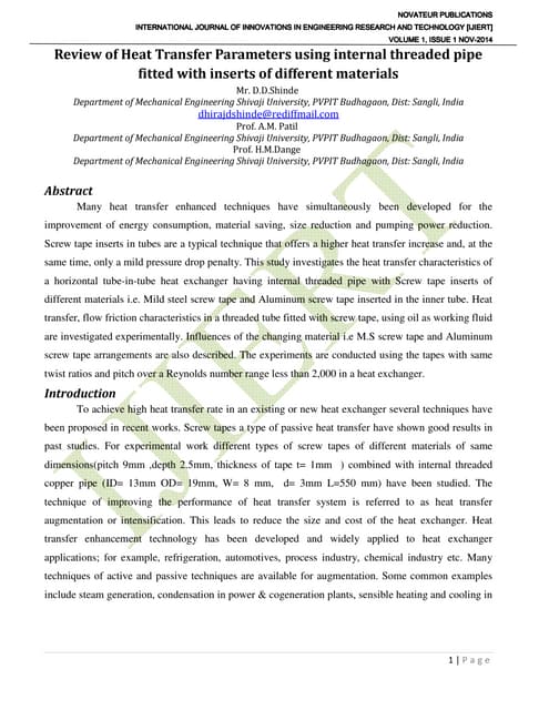 Irjet v4 i12326Effect of External Threaded Inside Tube on Heat Transfer ...