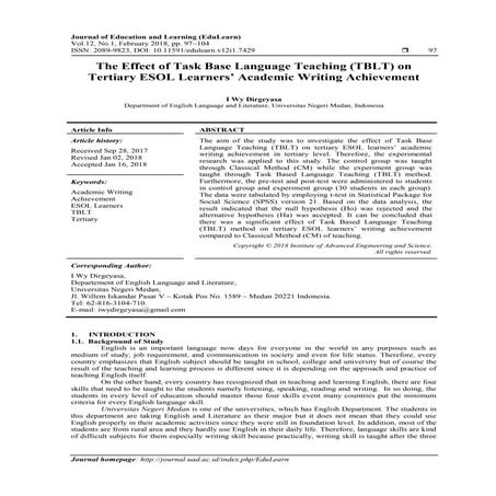 The Effect of Task Base Language Teaching (TBLT) on Tertiary ESOL Learners’ Academic Writing ...