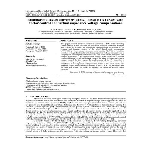 Modular multilevel converter (MMC) based STATCOM with vector control and virtual impedance ...