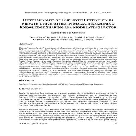 Determinants of Employee Retention in Private Universities in Malawi: Examining Knowledge ...