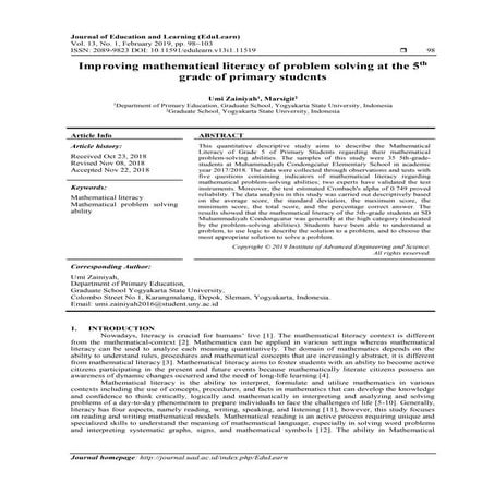Improving mathematical literacy of problem solving at the 5th grade of ...