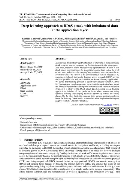 Deep Learning Approach To Ddos Attack With Imbalanced Data At The Application Layer Pdf