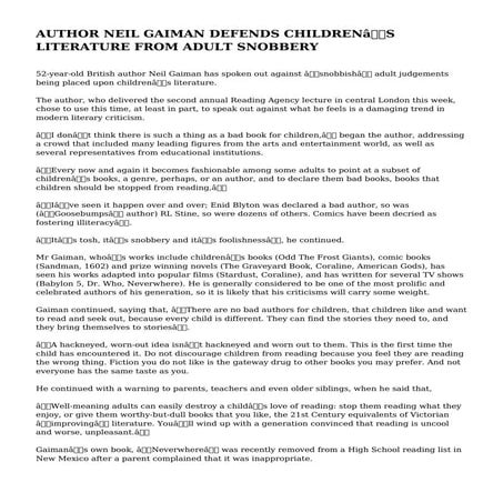 AUTHOR NEIL GAIMAN DEFENDS CHILDREN’S LITERATURE FROM ADULT SNOBBERY | PDF