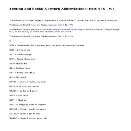 Texting and Social Network Abbreviations: Part 4 (S - W) | PDF