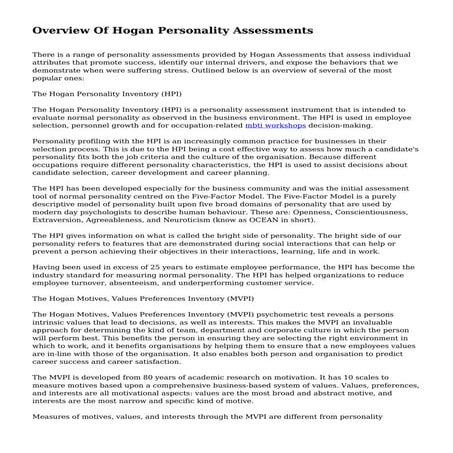 Overview Of Hogan Personality Assessments | PDF