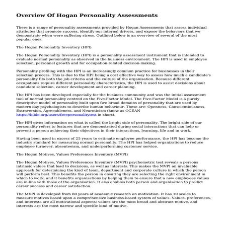 Overview Of Hogan Personality Assessments | PDF