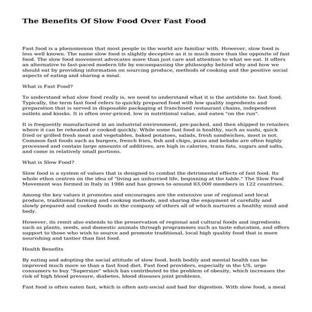 The Benefits Of Slow Food Over Fast Food | PDF