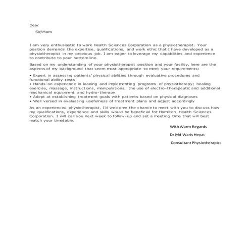 cover letter of physio | DOCX