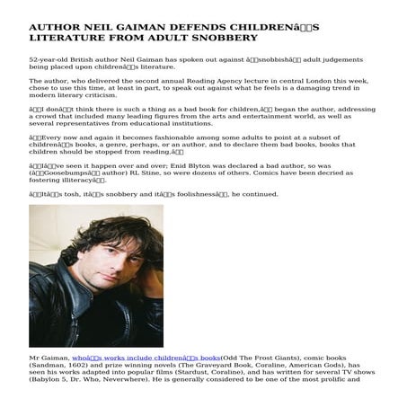 AUTHOR NEIL GAIMAN DEFENDS CHILDREN’S LITERATURE FROM ADULT SNOBBERY ...