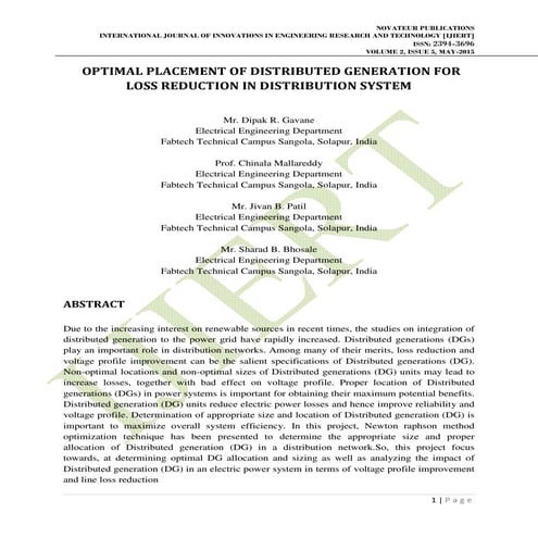 Optimal Placement Of Distributed Generation For Loss Reduction In Distribution System Pdf