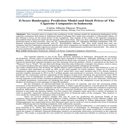 Z Score Bankruptcy Prediction Model And Stock Prices Of The Cigarette Companies In Indonesia Pdf