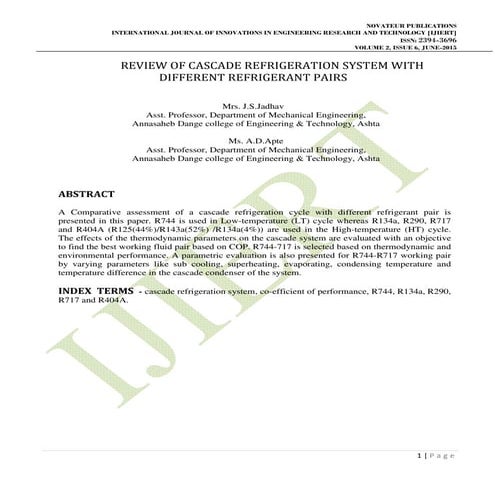 REVIEW OF CASCADE REFRIGERATION SYSTEM WITH DIFFERENT REFRIGERANT PAIRS ...