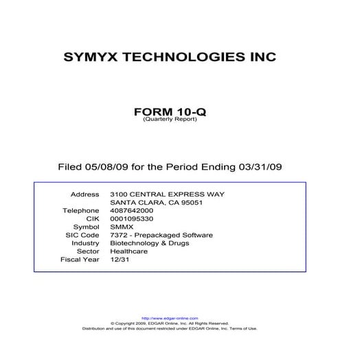 Q1 2009 Earning Report of Symyx Technologies, Inc. | PDF | Business ...