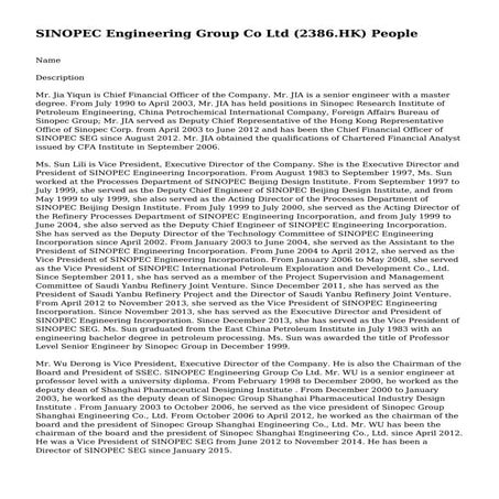 SINOPEC Engineering Group Co Ltd (2386.HK) People | PDF