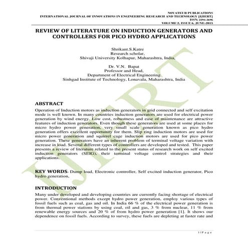 Review Of Literature On Induction Generators And Controllers For Pico Hydro Applications Pdf