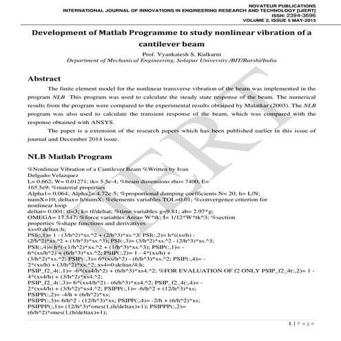 Development of Matlab Programme to study nonlinear vibration of a cantilever beam | PDF