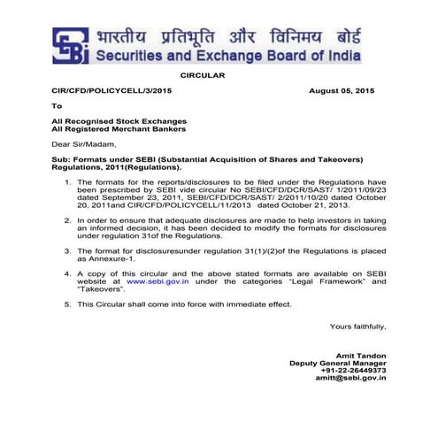 Formats under SEBI (Substantial Acquisition of Shares and Takeovers ...