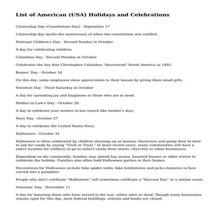 List of American (USA) Holidays and Celebrations | PDF
